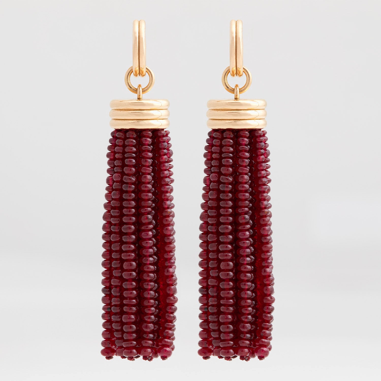 Triple Tassel Ruby Rondelles Earrings with Double Huggies, 18K Yellow