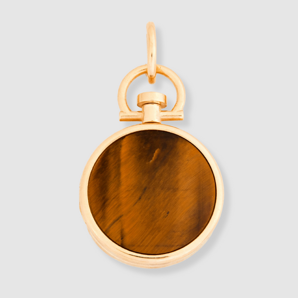 Reversible Circle Tiger's Eye Photo Locket 18k Yellow Gold (One side s ...